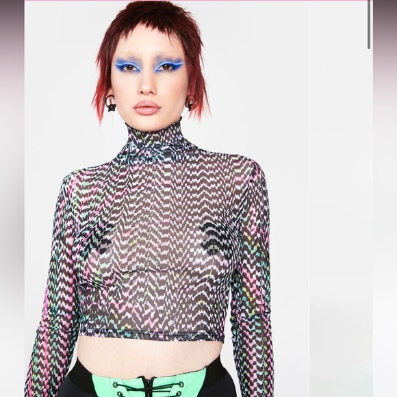 Tops | Trippy Mesh Top Psychedelic Sheer Cover Up Long Sleeve Crop Top ...